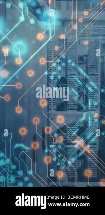 Animation of digital circuit patterns overlaying server racks in data center. Technology ...