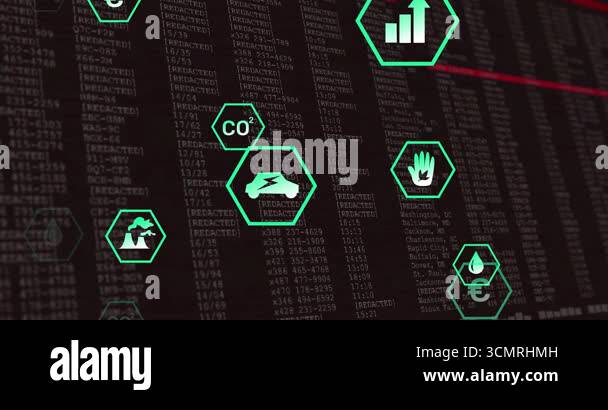 On startup green hexagon icons fading, drifting over scrolling data visualizing live metrics ...