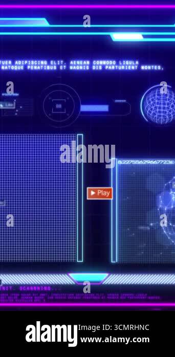 Animation of icons and data processing over screens on dark background. Global finance, business ...