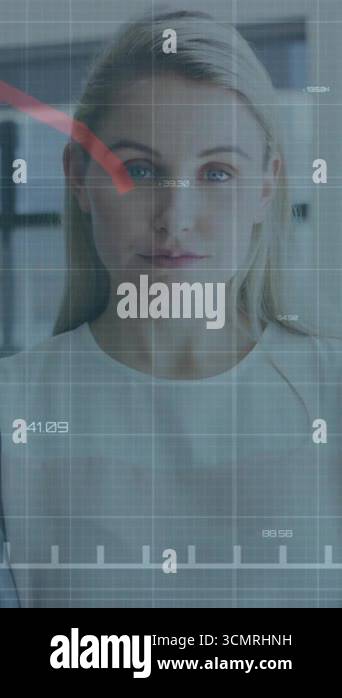 In office, businesswoman reviewing financial graph animation on ...