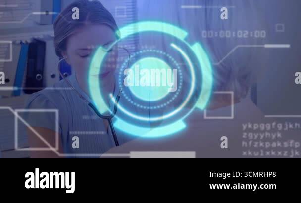 Doctor entering clinic placing stethoscope on patient chest with HUD ...
