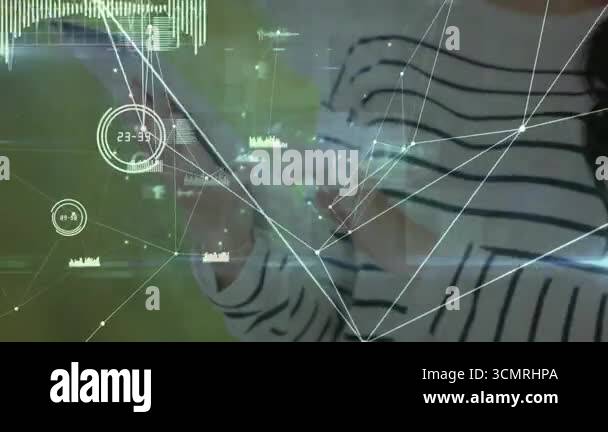 woman tapping tablet and swiping screen showing hologram data nodes and chart overlays for ...
