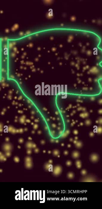 Glowing neon thumbs down animation over vibrant bokeh light background ...