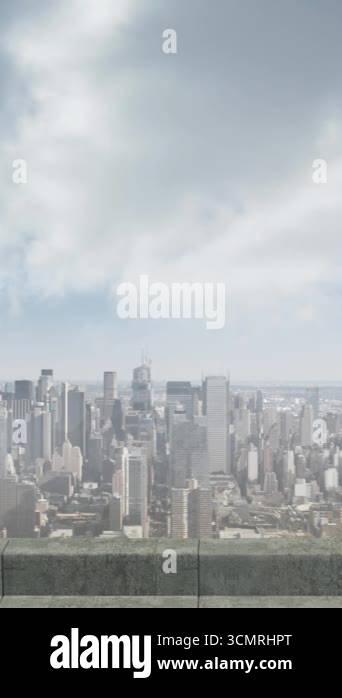 Distant cityscape with modern buildings and clouds on blue sky. modern ...