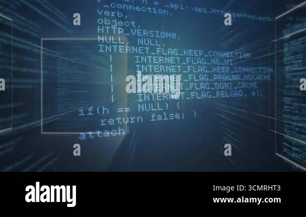 On code snippet animation, panels rotating through glowing grid tunnel ...