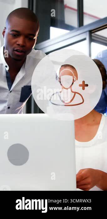 Animation of profile icons in circles over diverse coworkers discussing ...