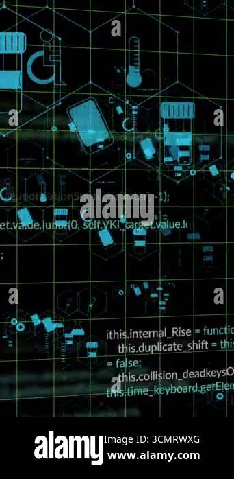 Animation of medical icons and data processing on black background ...