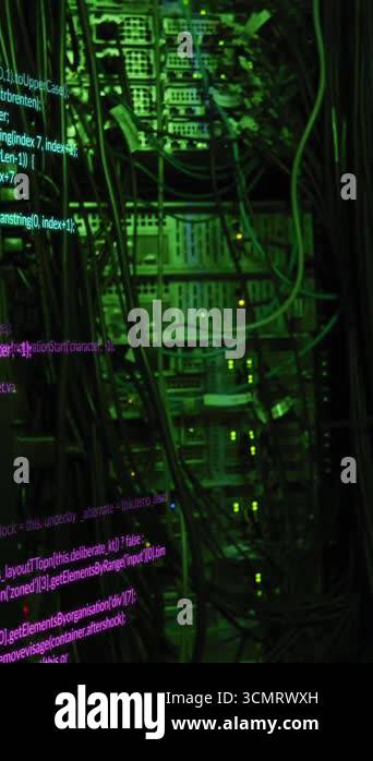 Animation of data processing against computer server room. Computer interface and business data ...