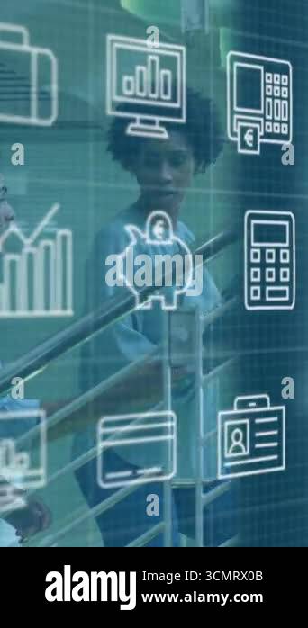 Animation of multiple icons over diverse coworkers sharing ideas while walking up stairs in ...