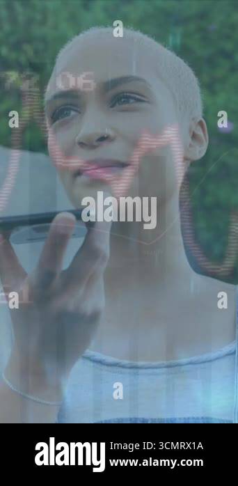 Animation of red line financial data processing over woman on ...