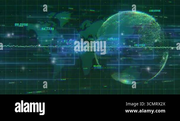Grid animating map, data labels, data stream pulsing, globe emerging, rotating for visualizing ...