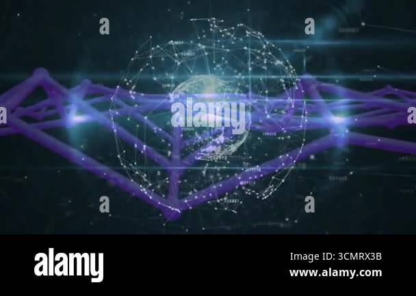 On start signal digital wireframe sphere sending purple mesh pulses ...