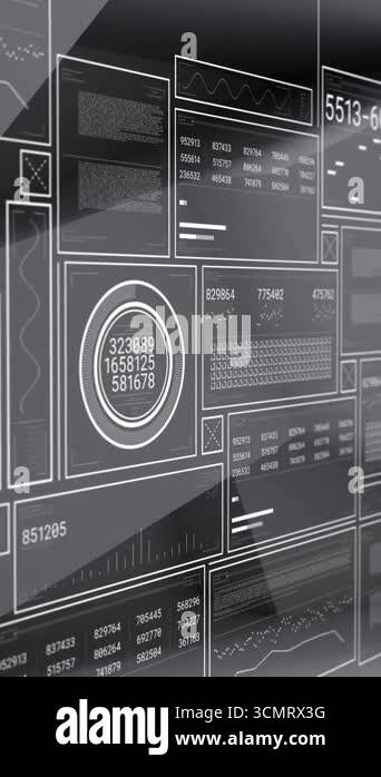Animation of data processing over screens on grey background. Global ...