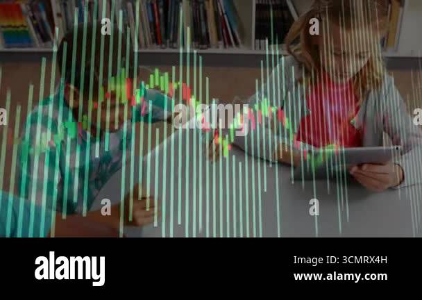 two students tapping tablets for finance chart animation as peer ...