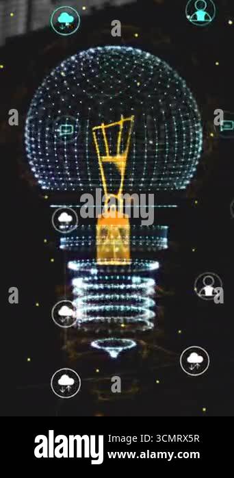 Animation of light bulb and data processing. Global cloud computing, digital interface and data ...