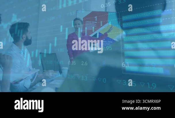 Presenter gesturing chart to team, inviting analyst input while ...