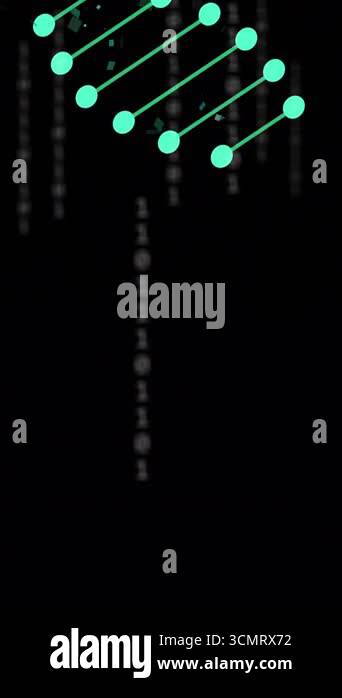 Animation of dna strands and newtork of connections over data processing on black background ...