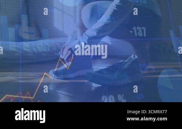 woman placing foot activating animated fitness charts as tightening ...