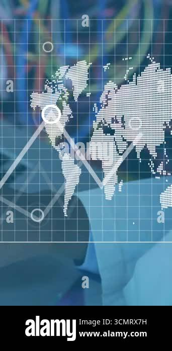 Animation of data processing over laptop by computer servers. Global ...