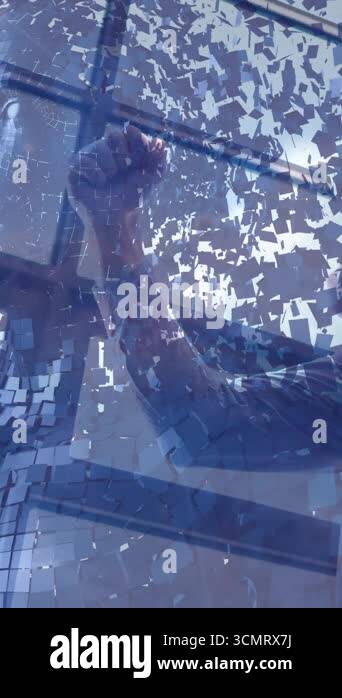 Man interacting with fragmented digital human figure, animation over ...