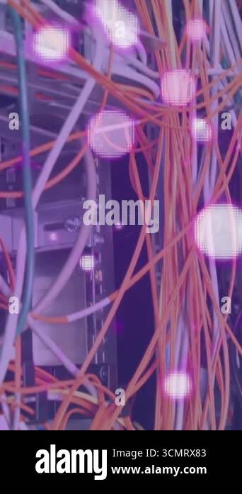 Animation of purple spots flying over cables and computer server. global computing and data ...
