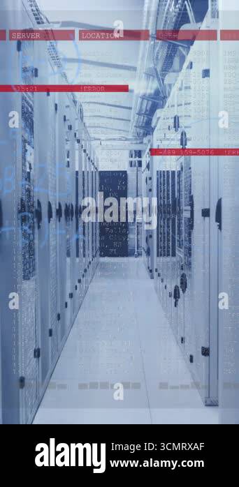 Animation of data processing over server room. Global business finances and digital interface ...