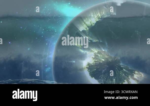 Blue particles swirling around rotating clear globe sparking glowing ...
