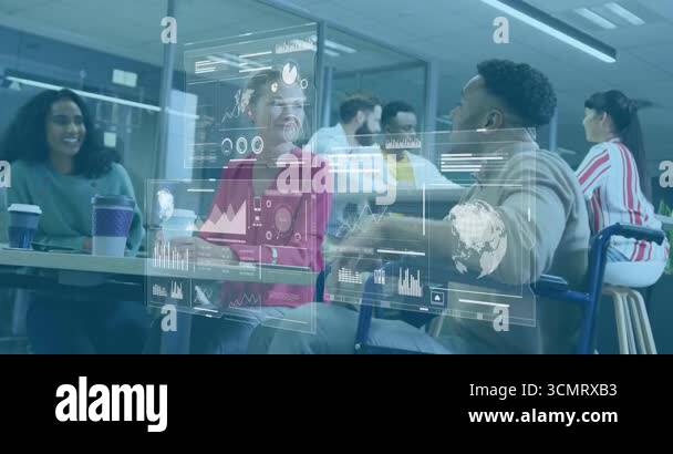 Colleagues settling around table, dashboard animating graphs and globe ...