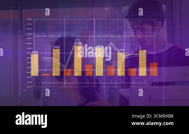 Woman tapping tablet and causing bar-line chart overlay to evolve during business briefing ...