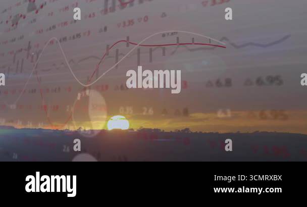 Orange skyline showing financial overlay fading, bars growing and sine ...