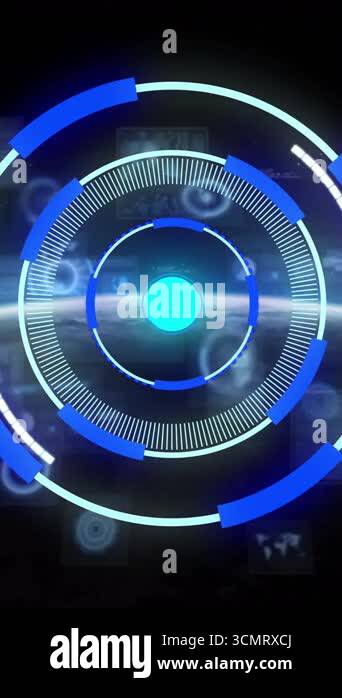 Animation of digital data processing over scope scanning on black background. Global connections ...