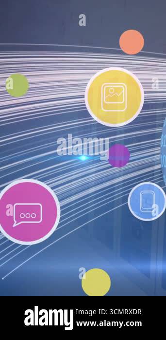 Animation of technology icons and globe on navy background. global ...