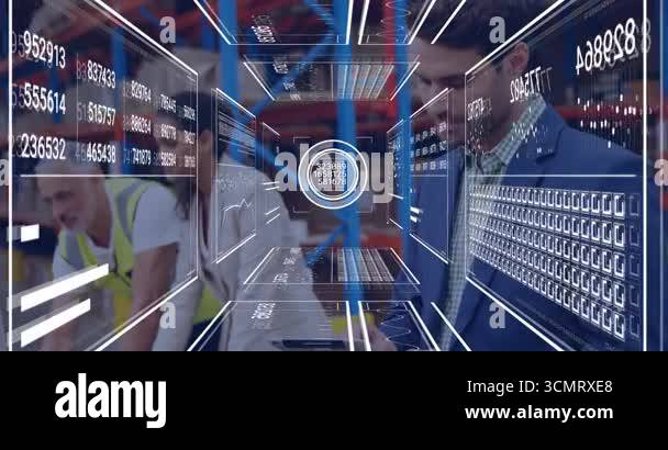 Man in blue blazer tapping tablet screen in warehouse initiating 3D ...