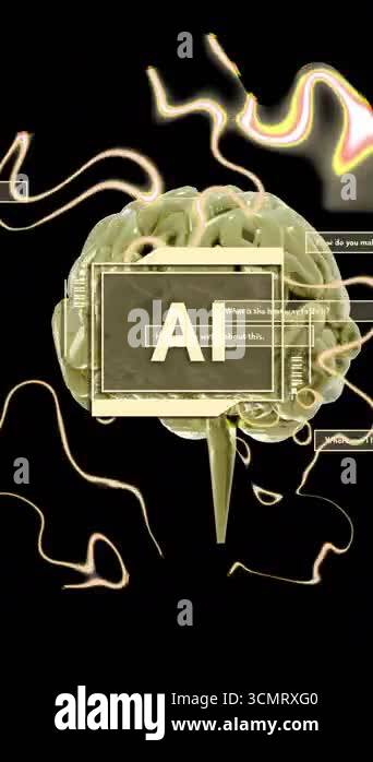 Animation of human brain and ai data processing over black background ...