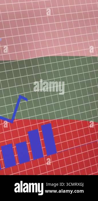 Animation of statistical data processing over grid network against waving bulgaria flag ...