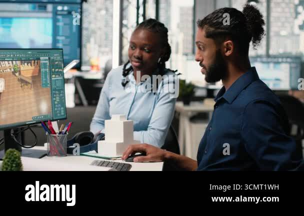 Developers team reviewing digital project interior designs and layouts, planning the structure ...