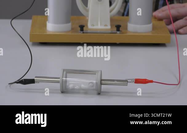 Physics demonstration of electrostatics experiment showing the transfer of electric charge ...
