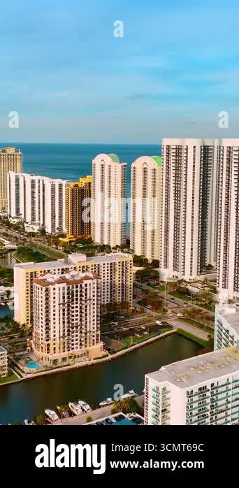 Luxurious architecture of a modern sunny Miami, Florida, USA. Top view ...