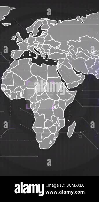 Animation of thumb scanning on qr code, connected dots, circuit board pattern over map. Digital ...