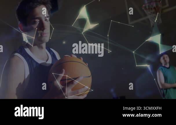 Blue-jersey player focusing while nodes forming globe, teammate ...