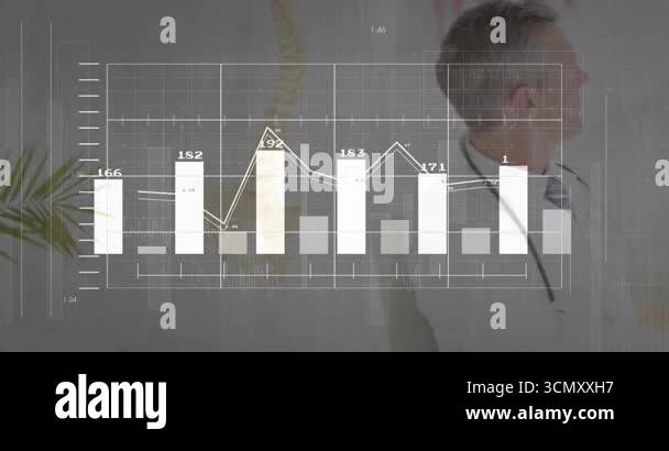 Doctor turning head to screen, viewing transparent chart overlay ...