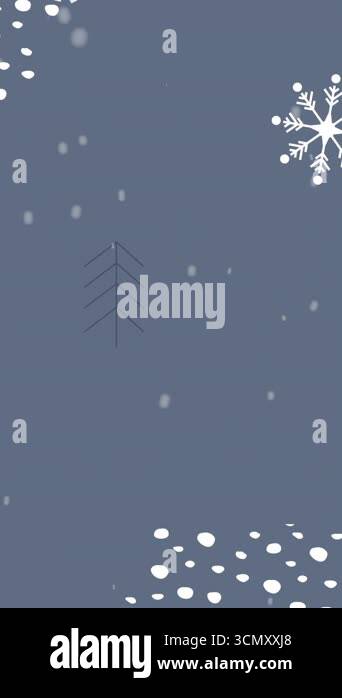 Animation of fir tree and snow falling over trees on grey background ...