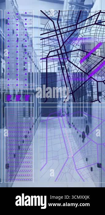 Animation of interface with scanner and street map over computer server ...
