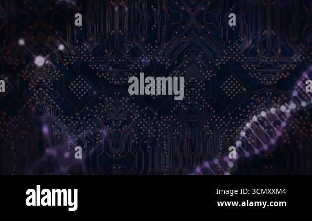 Blue circuit-board particles emerging drifting inward causing glowing helix pulsing rotating ...