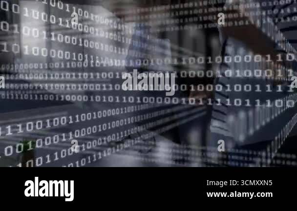 Binary code pulsing, revealing colleagues sketching tech diagrams planning on whiteboard ...