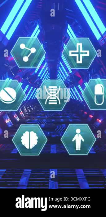 Animation of medical icons over digital tunnel. global business and ...