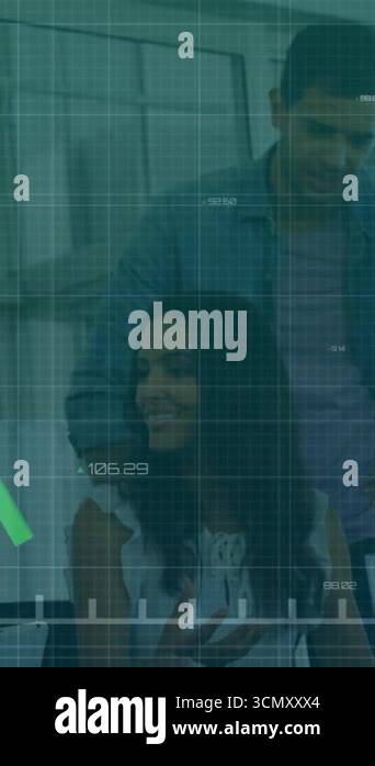 Business team collaborating over financial graph animation in modern ...