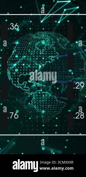 Animation of digital globe surrounded by glowing geometric shapes and numerical data ...