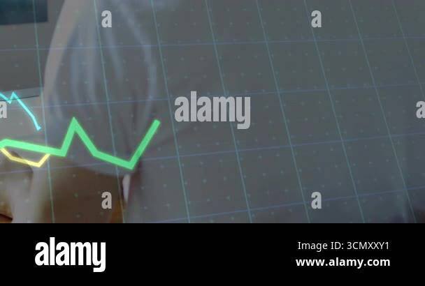 Adult male tapping tablet screen and animating line charts on transparent grid for data analysis ...