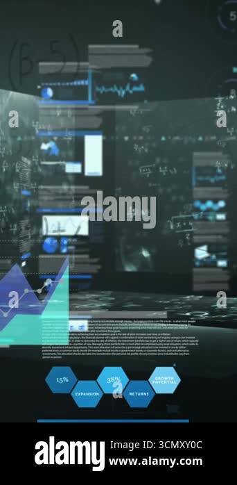 Animation of data processing over mathematical equations on black ...